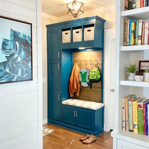 Blue Cabinet Drop Off Zone In Entryway - StyleMag - Style Degree